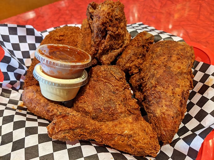 Golden-brown perfection that makes you want to cancel your afternoon plans. This isn't just fried chicken—it's edible therapy with a crunch.