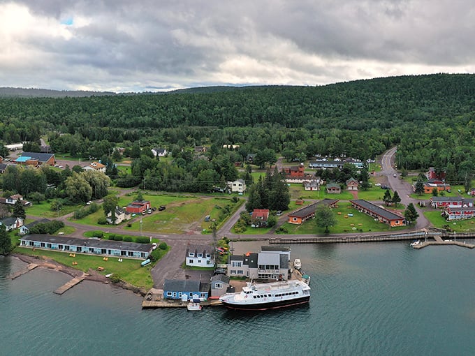 Copper Harbor's aerial view reveals nature's perfect balance of blue water and green forests—like Earth showing off its best color combination.