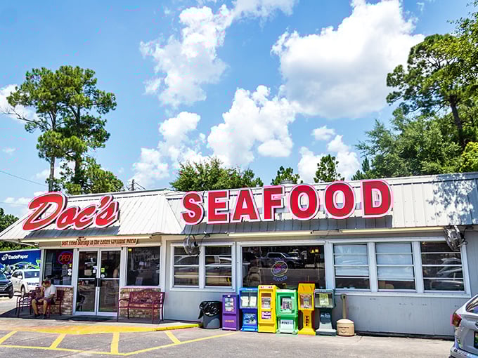 Doc's Seafood: That classic roadside sign has been calling to seafood lovers for generations – like a bat signal for hungry coastal travelers.