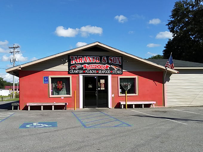Taranto's bold red exterior is the architectural equivalent of a spicy crawfish—impossible to ignore and promising a flavor explosion inside.