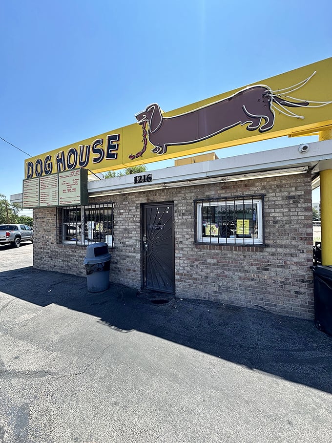 The Dog House's dachshund sign might be the most honest advertising ever – long on flavor, short on pretension.