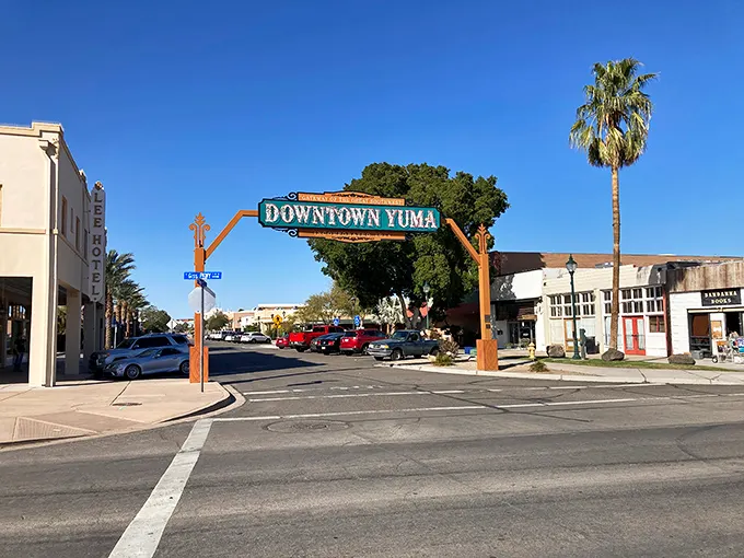 Downtown Yuma welcomes visitors with palm trees and sunshine, a border town with character as warm as its climate.