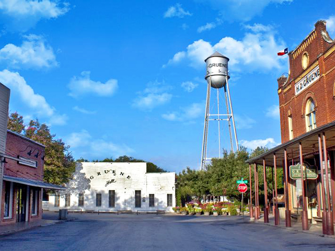 The red brick of H.D. Gruene’s building tells stories of dance halls, honky-tonk nights, and small-town spirit.