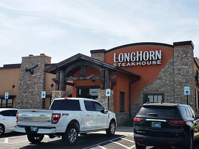 That Western-inspired entrance isn't just architecture—it's foreshadowing for the frontier-sized steaks waiting inside.