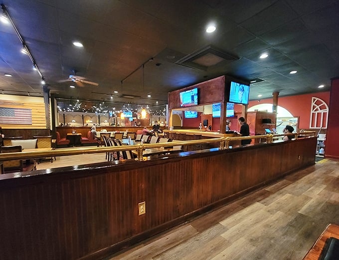 Where wood paneling meets wood-fired perfection – Southern Steakhouse's interior speaks the universal language of comfort.