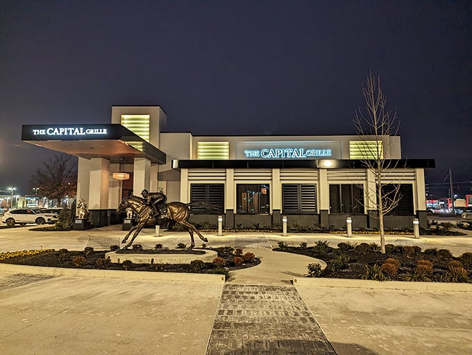 Night transforms The Capital Grille into a glowing beacon for steak lovers. Like a culinary lighthouse guiding hungry sailors to safe, delicious harbor.
