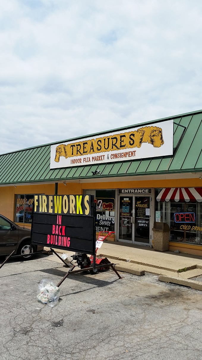 Behind these doors, collections grow and wallets shrink. The yellow sign promises what the name delivers – genuine treasures waiting to be discovered.