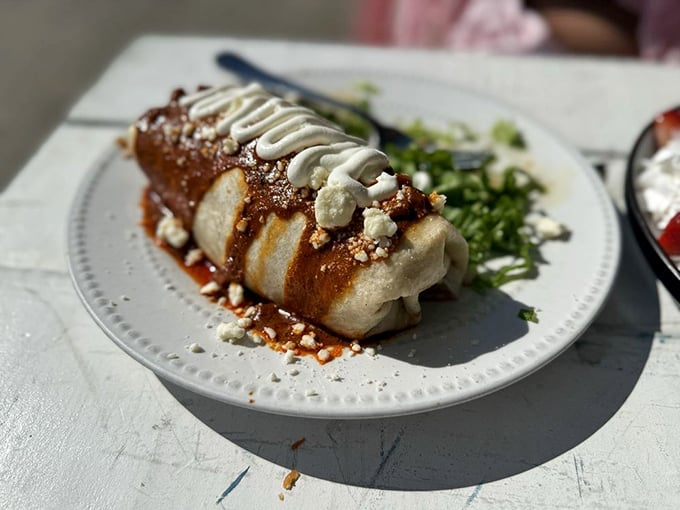 This isn't just a breakfast burrito—it's a masterpiece of morning engineering, complete with sauce that demands to be photographed before eating.