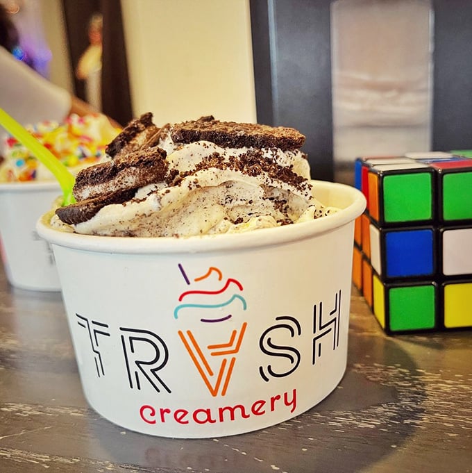 Cookies and cream gets the TRVSH treatment with chocolate sandwich cookies layered throughout—like an Oreo exploded in the most delicious way possible.