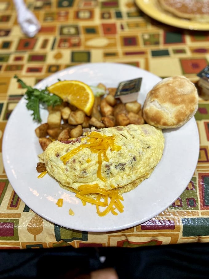An omelet that's achieved the perfect cheese-to-egg ratio—the culinary equivalent of finding the Holy Grail on a Tuesday.