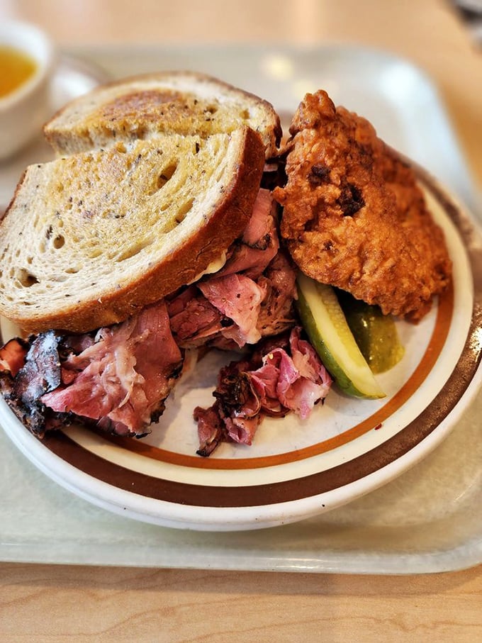 Architecture matters in Chicago, and this sandwich is a skyscraper of flavors—corned beef and pastrami engineered for maximum deliciousness.