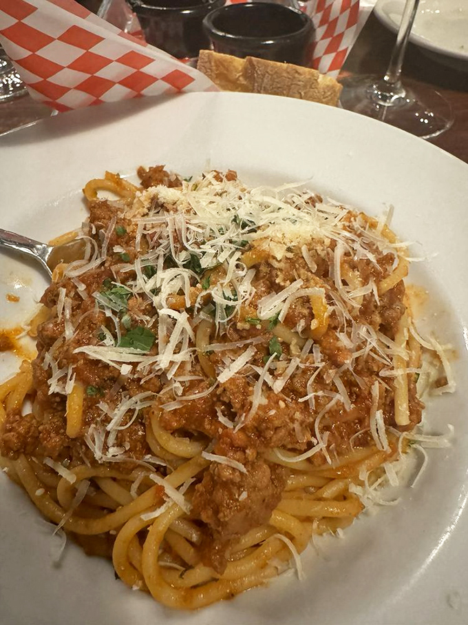 Bolognese that doesn't mess around. This hearty meat sauce clings to each strand of pasta like it's afraid of falling off the fork.