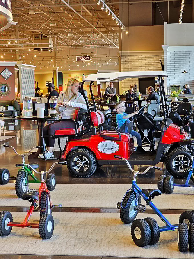 Family furniture shopping made fun with golf carts and tricycles. Who said picking out a sofa can't include a joy ride?