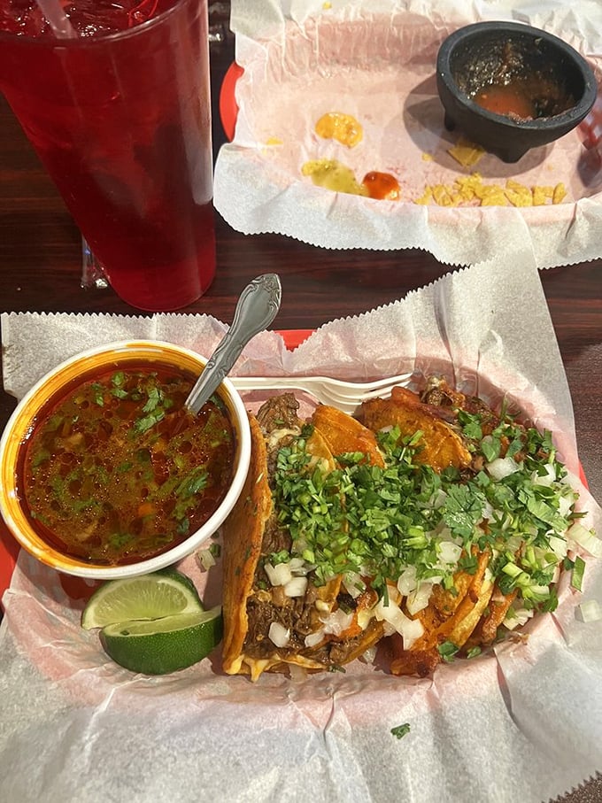 Birria tacos and consommé—the ultimate dynamic duo. Like Butch and Sundance, but with more cilantro and significantly less gunfire.