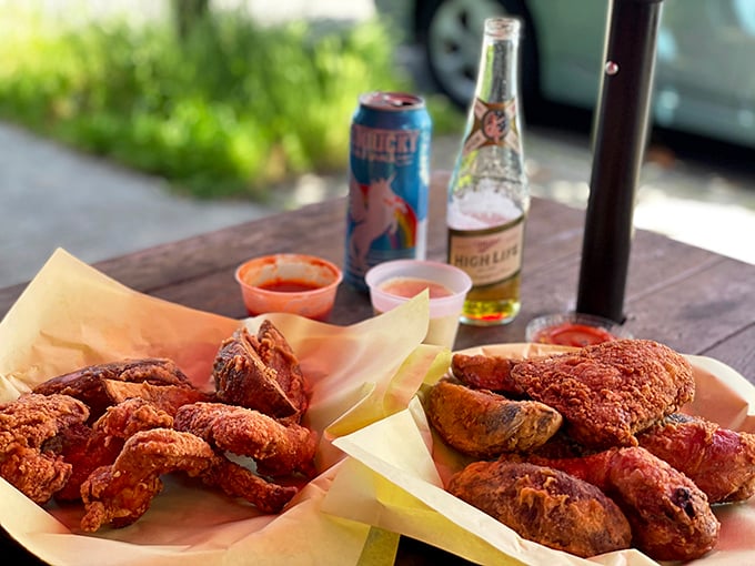 Al fresco dining, Portland-style. Nothing pairs better with that golden-fried chicken and a cold drink than the simple pleasure of outdoor picnic tables.