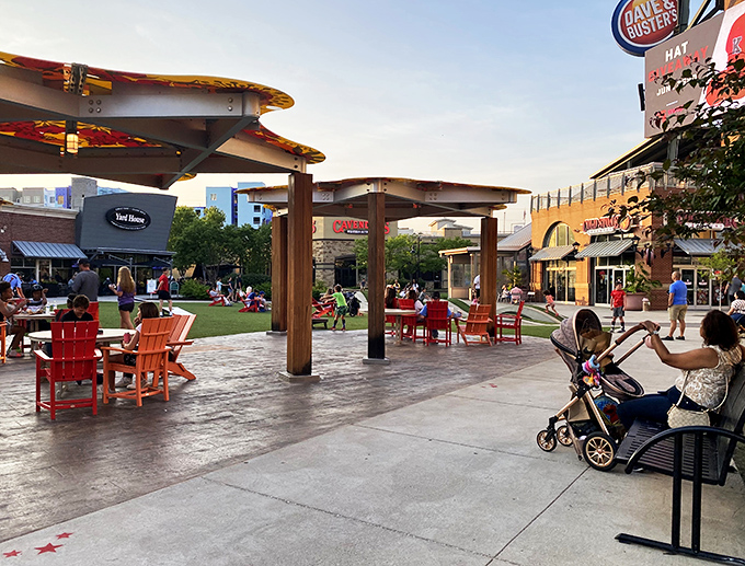 The outdoor gathering spaces at Legends offer a moment of retail reprieve. Shopping is a marathon, not a sprint—pace yourself accordingly!