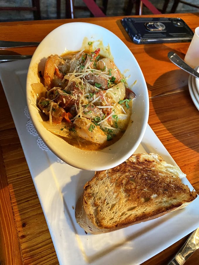 Georgia shrimp nestled in their savory broth with crusty bread standing by—nature's perfect design for sopping up every last delicious drop.