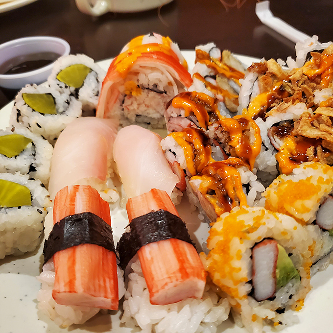 Sushi that defies buffet stereotypes – fresh, colorful, and artfully arranged. This isn't your "approach with caution" buffet sushi; it's the "load up your plate" kind.