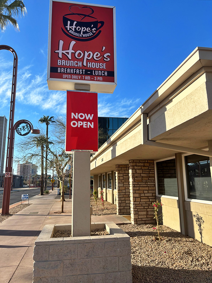 Hope's red sign shines like a beacon for the breakfast-starved. This brunch house doesn't just serve meals—it serves morning salvation.