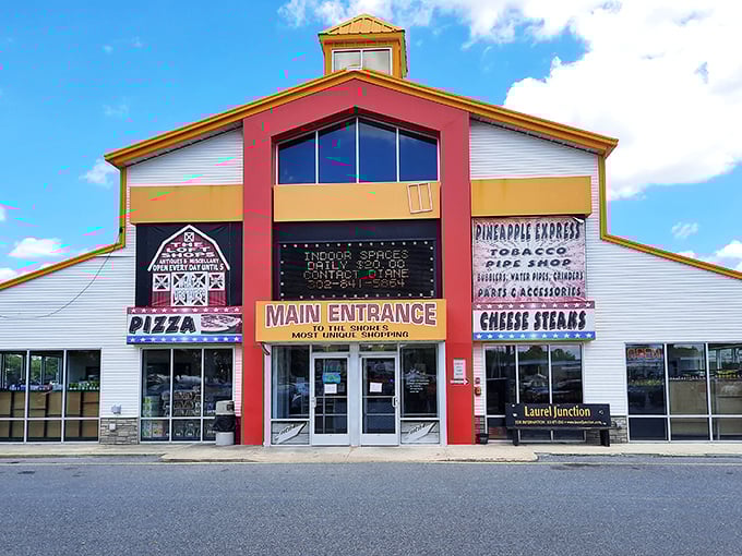 Laurel Junction's colorful façade promises a shopping experience as vibrant as its paint job. Subtlety is not on the menu here!