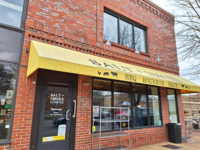 Salt + Smoke's bright yellow awning stands out like sunshine against brick. BBQ joint with seafood skills? Count me in!
