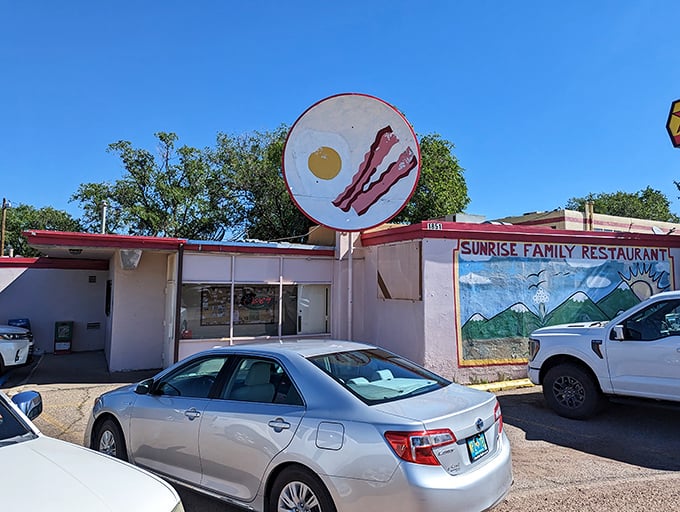 That giant egg-and-bacon sign isn't subtle, but neither are the portion sizes waiting inside this Santa Fe institution.