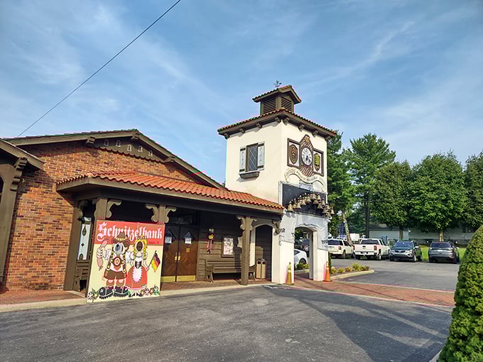 The Schnitzelbank's whimsical facade is like stepping into a German fairytale – one where the happy ending involves perfectly cooked steaks.