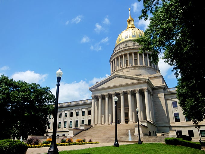 The golden dome of West Virginia's Capitol gleams in the sunshine—a symbol of Charleston's accessible blend of culture and affordability.