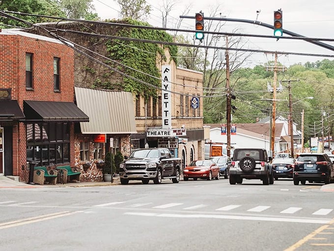 Historic buildings frame Fayetteville's streets, where adventure seekers fuel up before tackling the nearby gorge's wild rapids.