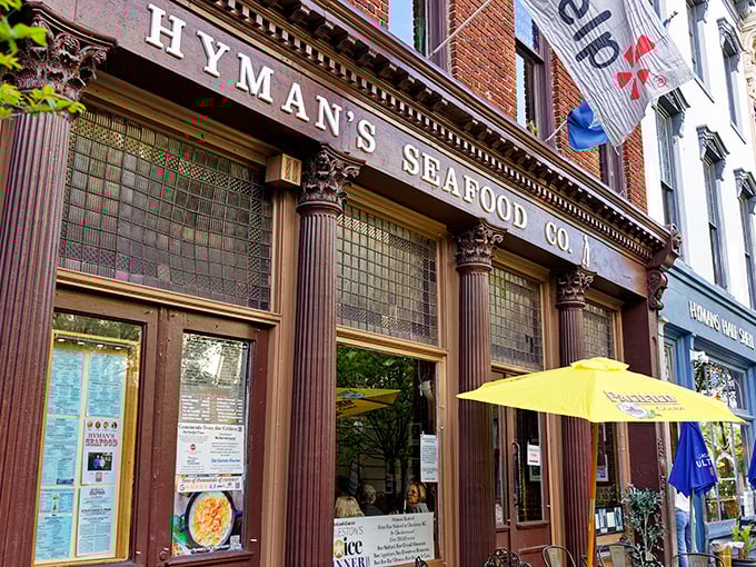 Those classic columns aren't just holding up the building – they're supporting a temple of seafood worship.