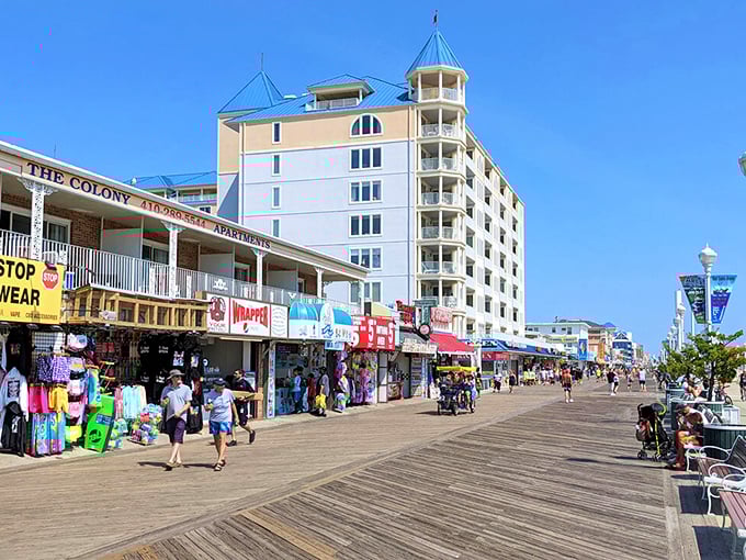 The iconic Ocean City boardwalk – where retirement dreams meet reality thanks to reasonable year-round living costs for seniors.