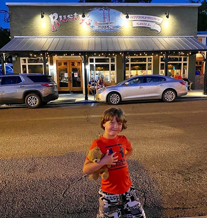 Evening lights make Rusty's glow like a beacon for steak lovers – a Mississippi must-visit when the sun goes down.