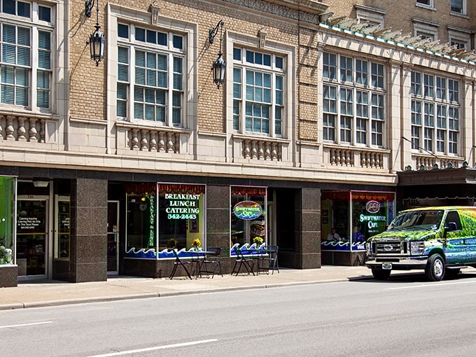 Swiftwater Cafe: Those classic storefront windows aren't just for looking in—they're for gazing out while contemplating ordering that second slice of pie.