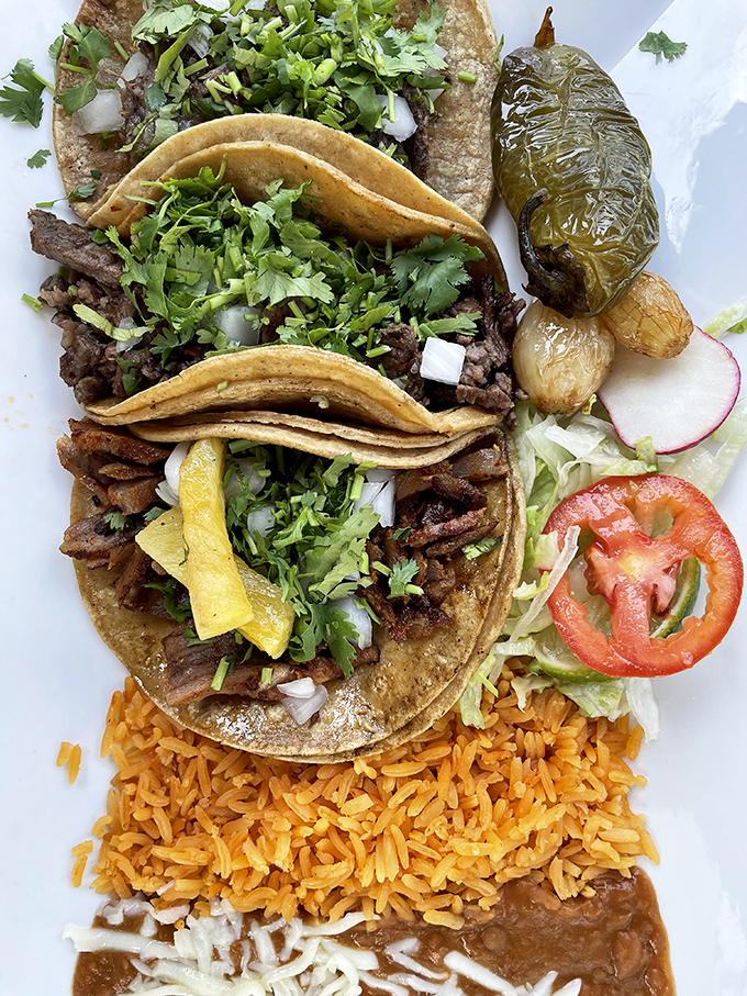 Tacos done right—simple, authentic, and generously topped with fresh cilantro. That grilled jalapeño is nature's perfect palate cleanser.