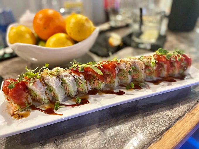 Sushi in Arkansas? This gorgeous roll proves geography is no barrier to culinary excellence. Art meets appetite in perfect harmony.