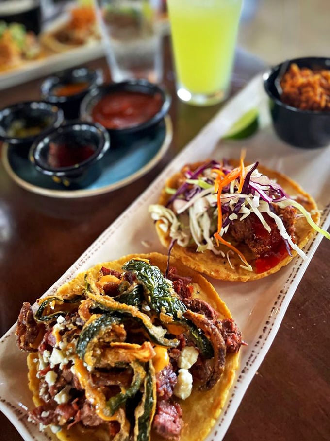 Taco artistry at its finest. That crispy cheese skirt hanging off the edge? That's not an accident—that's taco engineering at its peak.