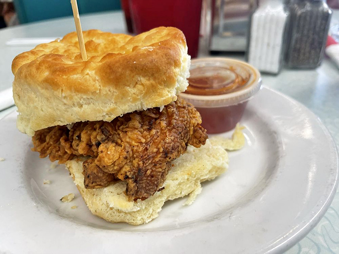 Southern comfort on a plate—this chicken biscuit doesn't need fancy words, just your undivided attention and maybe a napkin or three.