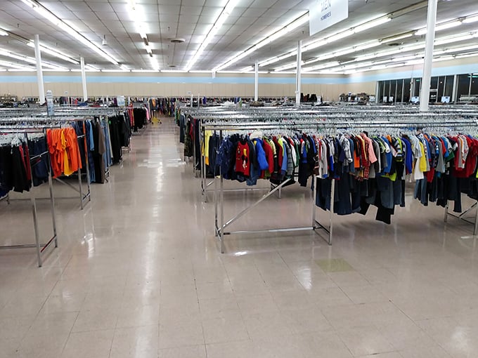 The men's department stands in military-like formation, a rainbow of options where yesterday's fashion finds new life and new owners.