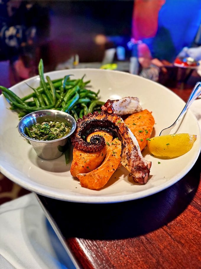 This isn't just octopus—it's a masterpiece of land and sea. The crispy salmon and tender tentacle are plated with artistic precision.