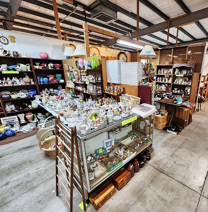 Shelves bursting with ceramic characters and knick-knacks stand ready for adoption. Marie Kondo would have a panic attack, but your curio cabinet will rejoice.