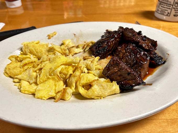 Steak for breakfast? Absolutely. This protein powerhouse paired with fluffy scrambled eggs is how champions start their day in Dorchester.