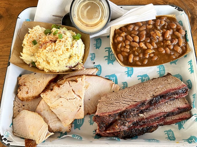 The barbecue equivalent of having your cake and eating it too – tender turkey and perfectly barked brisket sharing a harmonious plate.