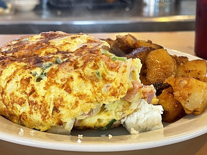 This isn't just an omelet—it's a masterclass in egg architecture. Stuffed with ham and veggies, it's breakfast engineering at its finest.