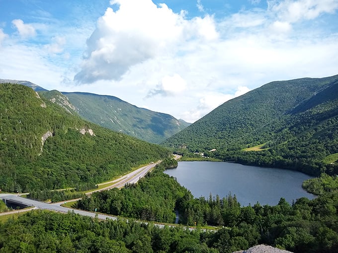 Franconia Notch's majestic mountains cradle a pristine lake – Mother Nature showing off what she can do when left to her own devices.