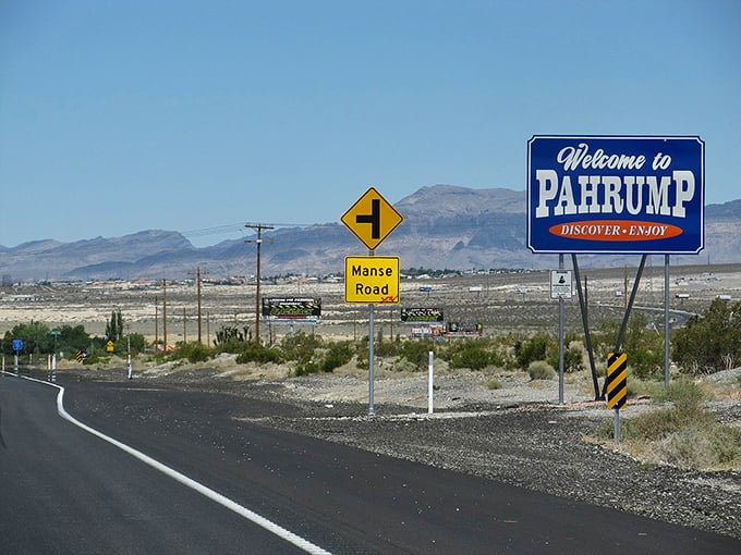 Pahrump's welcome sign greets travelers against a backdrop of desert mountains – gateway to affordable desert living.