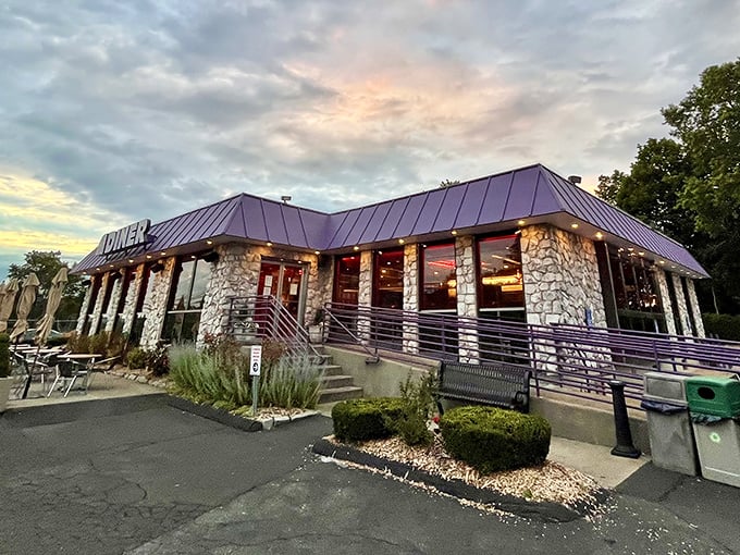 Shoreline Diner's stone facade and purple roof stand out like a well-dressed gentleman at a casual cookout.