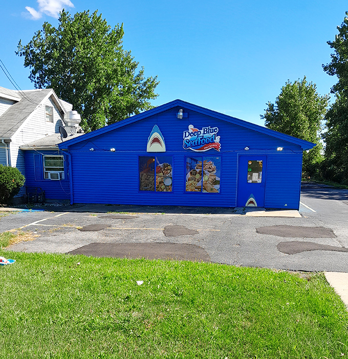 Deep Blue's shark-themed exterior promises oceanic flavors in the heart of landlocked Indiana.