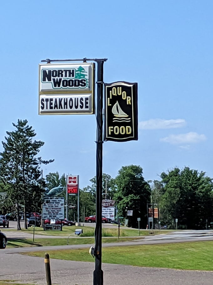 The sign says it all – a steakhouse with outdoor accommodations is peak Minnesota hospitality in action.