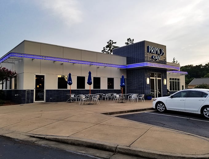 When the evening light hits those blue tiles just right, Primos transforms from breakfast haven to twilight dinner spot – the pancakes are fabulous at any hour.