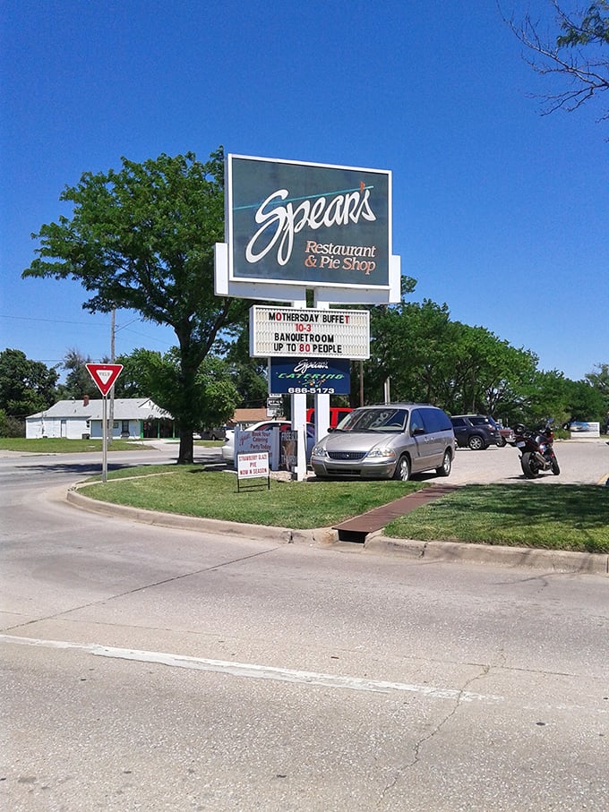 Spear's Restaurant: "Free pie Thursdays—three words that explain why this parking lot fills up faster than a Kansas storm cloud on the horizon."